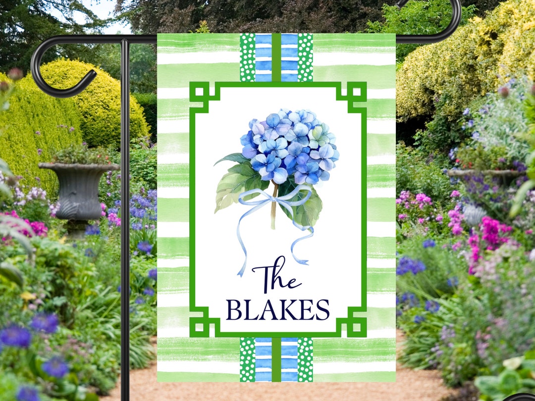 Preppy Blue Hydrangea Garden Flag | Personalized Floral Yard Banner ...