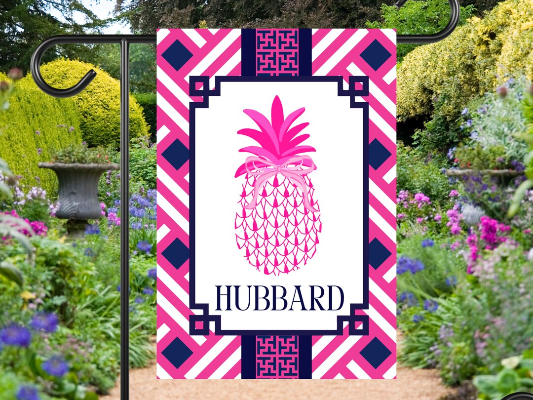 Preppy Herend Style Pineapple Garden Flag Personalized Pink Fishnet ...