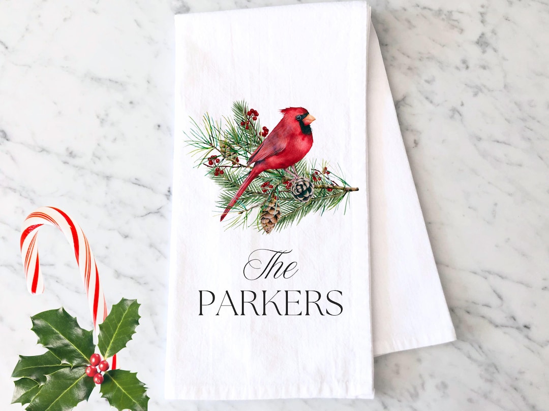Personalized Christmas Red Cardinal Tea Towel: Holiday Bird Kitchen ...