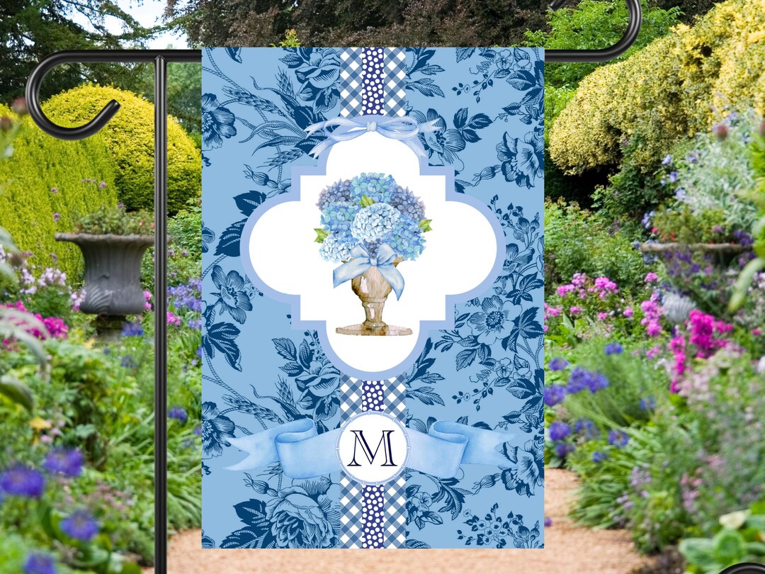 Preppy Blue Hydrangea Garden Flag | Personalized Floral Yard Banner ...