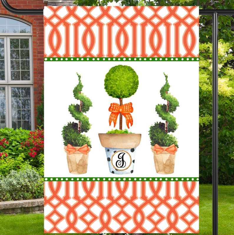 Preppy Monogram Topiary Garden Flag Personalized Orange - Etsy