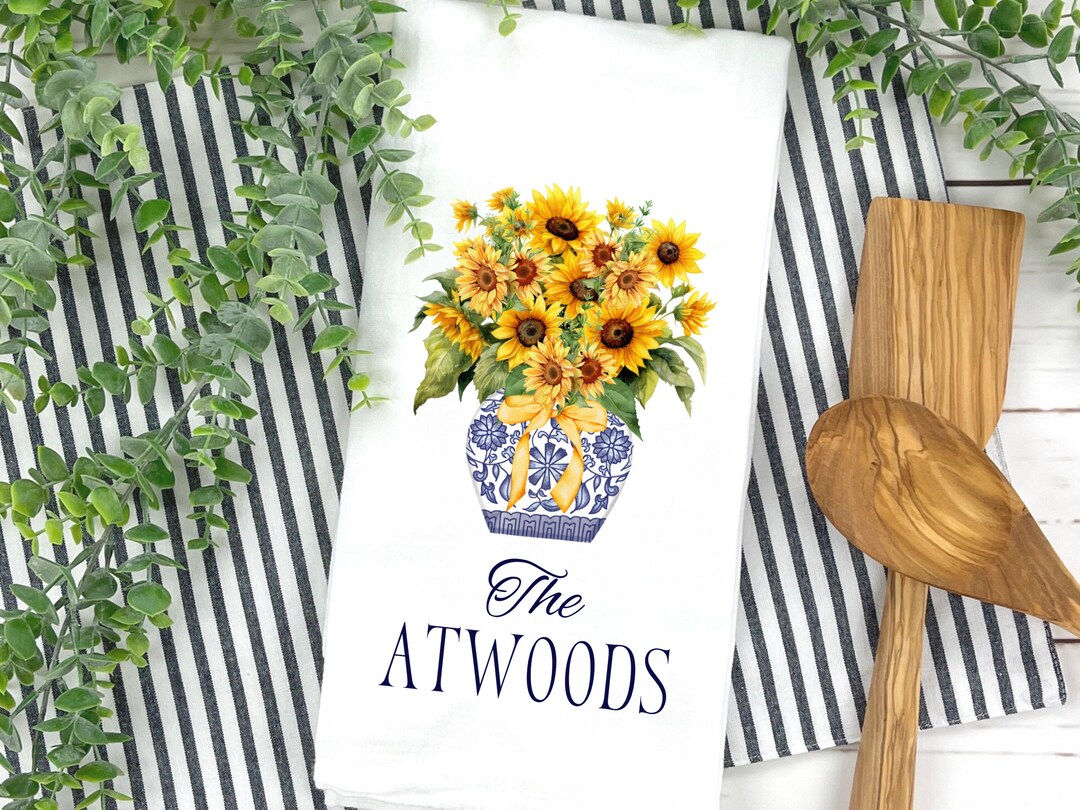 Preppy Chinoiserie Sunflowers Tea Towel Personalized Ginger Jar Kitchen ...