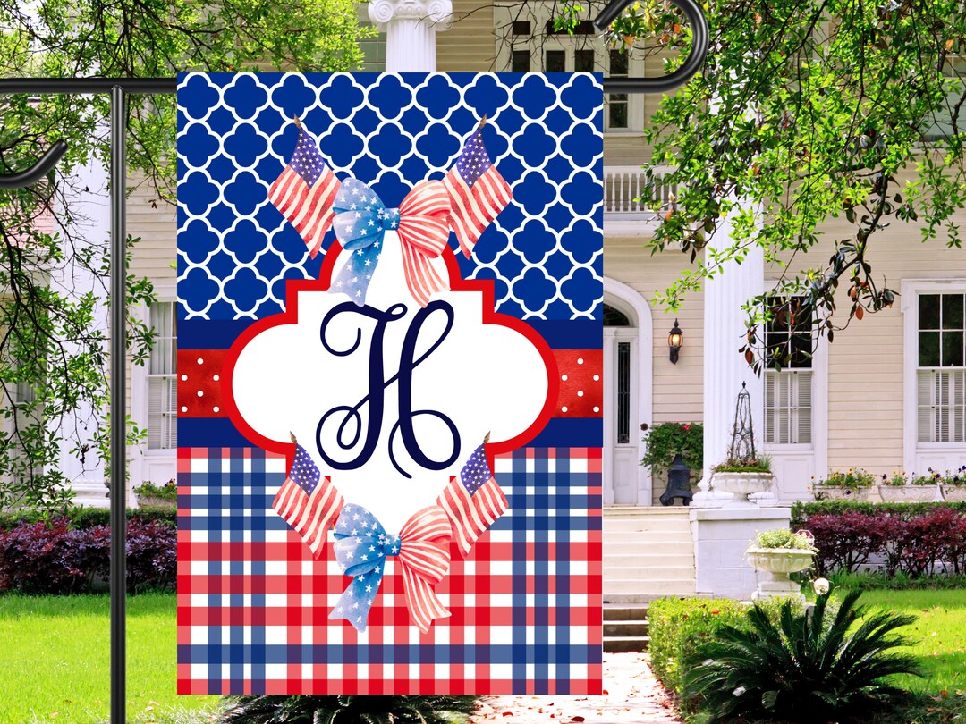Preppy Patriotic Initial Garden Flag | Personalized July 4 Yard Banner ...