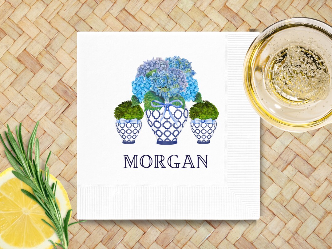 Preppy Chinoiserie Blue Hydrangea Cocktail Napkins Personalized Ginger ...
