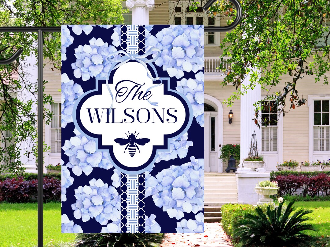 Preppy Blue Hydrangea Garden Flag | Personalized Floral Yard Banner ...