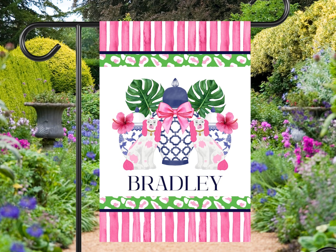 Preppy Chinoiserie Pink Staffordshire Spaniels Garden Flag ...