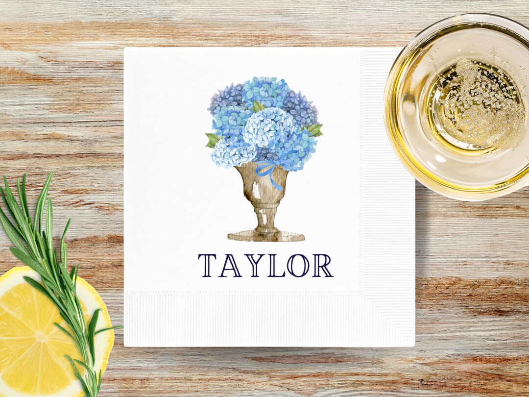 Preppy Blue Hydrangea Cocktail Napkins Personalized Garden Urn Paper ...