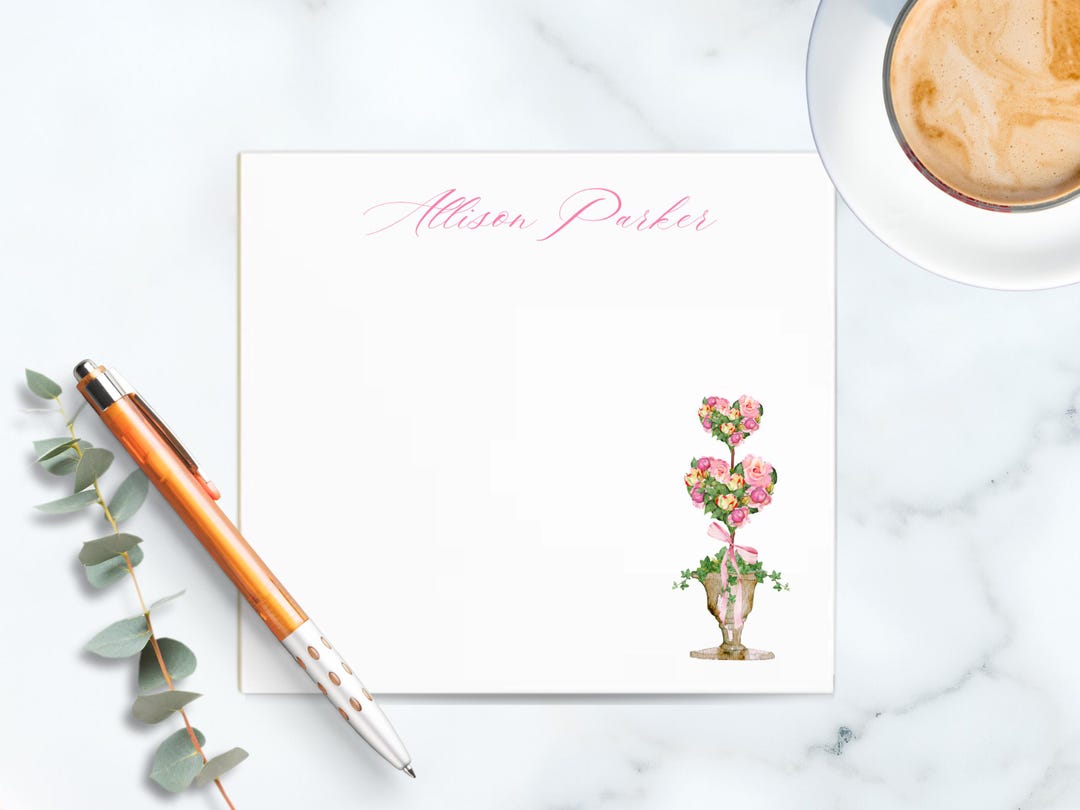 Preppy Pink Rose Notepad Personalized Topiary Paper Notepad Custom Desk ...