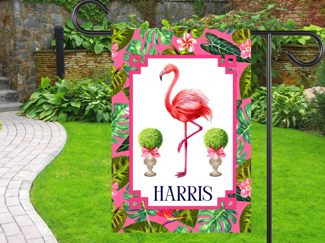 Preppy Pink Flamingo Garden Flag Personalized Topiary Yard Banner ...