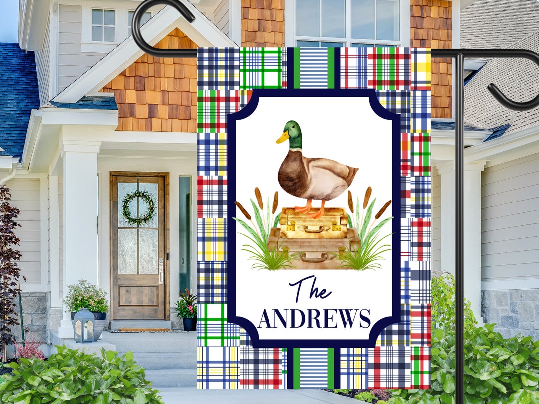 Preppy Mallard Duck Garden Flag Personalized Navy Madras Plaid Yard ...