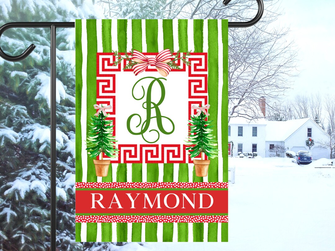 Preppy Monogram Initial Christmas Garden Flag Personalized Greek Key ...