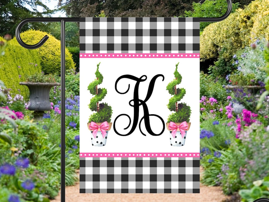 Preppy Monogram Pink Bow Topiary Garden Flag | Personalized Black ...