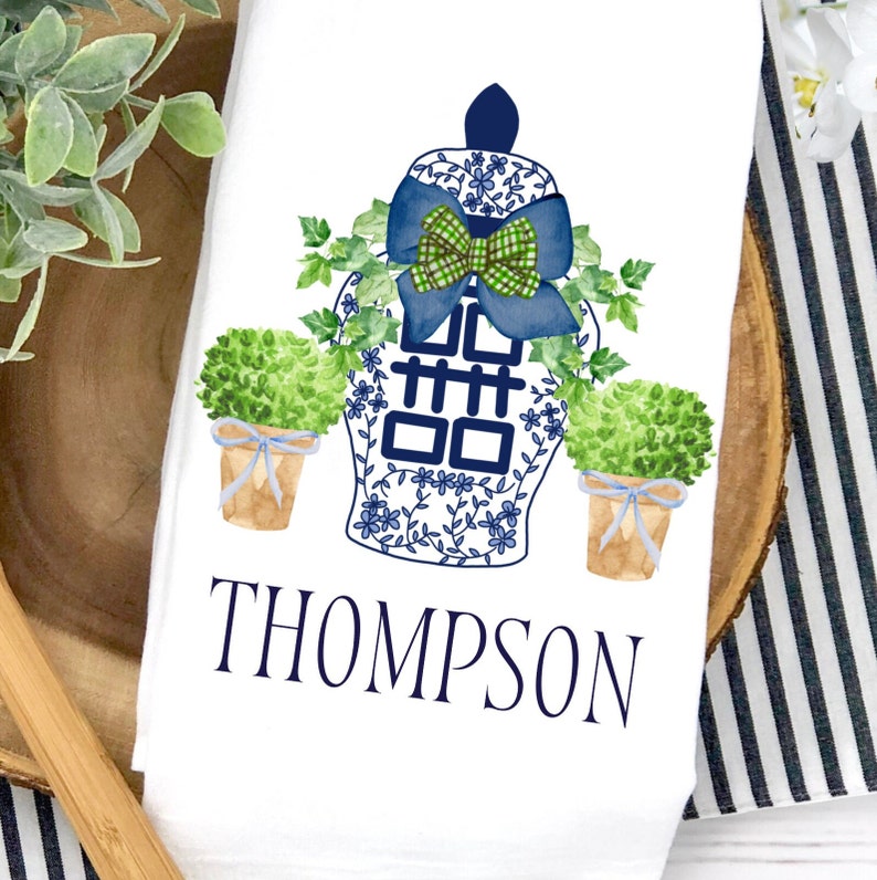 Preppy Chinoiserie Ginger Jar Tea Towel Personalized Blue - Etsy