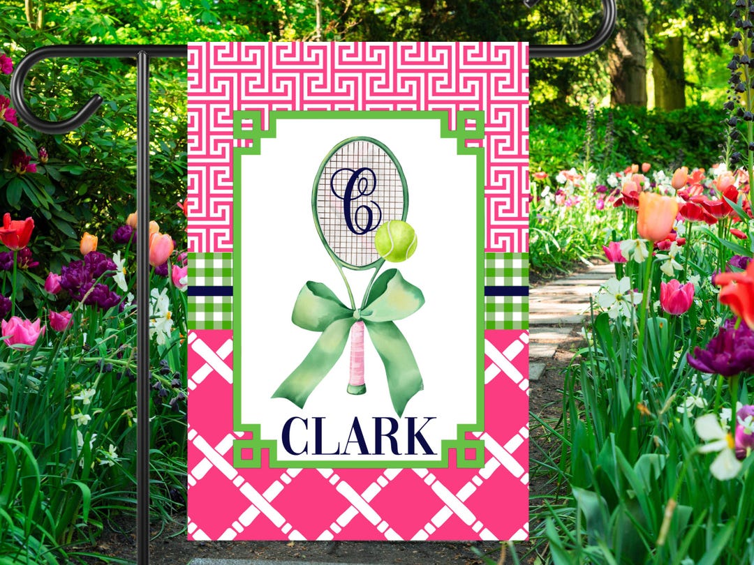 Preppy Monogram Tennis Racquet Garden Flag | Personalized Sports Yard ...