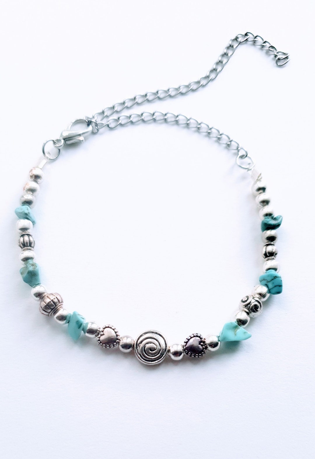 Spiral and Hearts Anklet With Tibetan Beads and Turquoise Stone Chips ...
