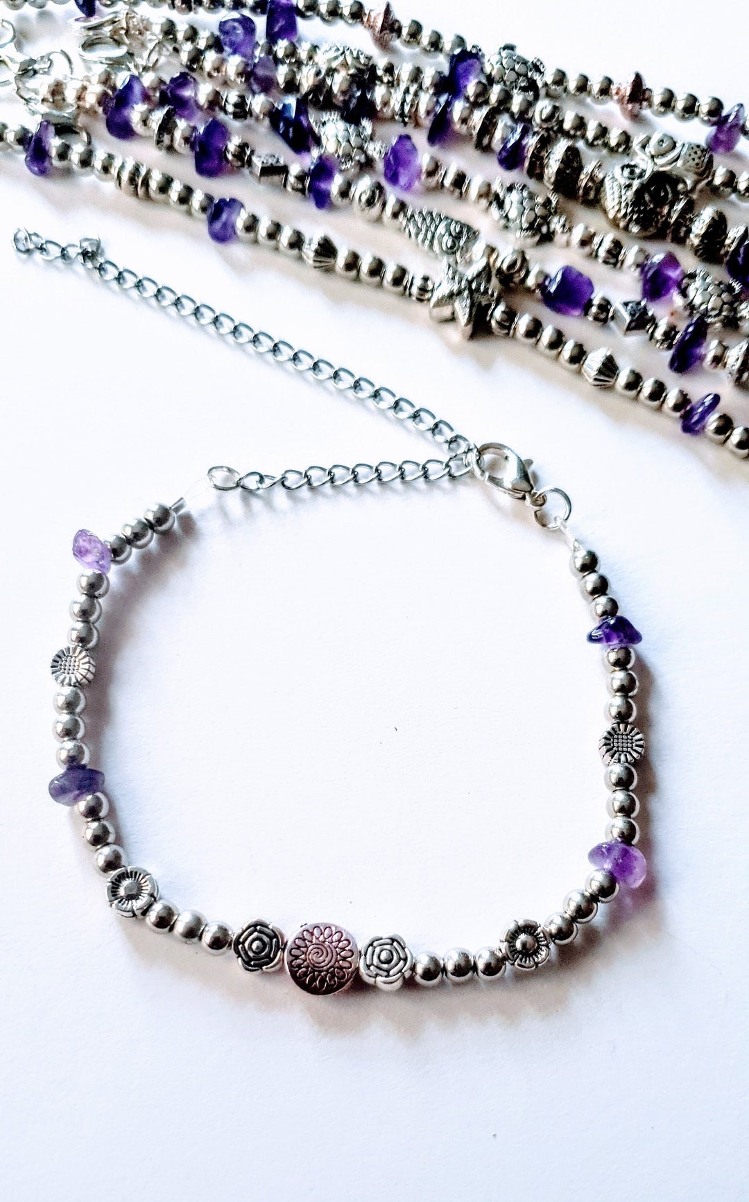 Spiral and Flower Anklet With Tibetan Beads and Amethyst Stone Chips - Etsy