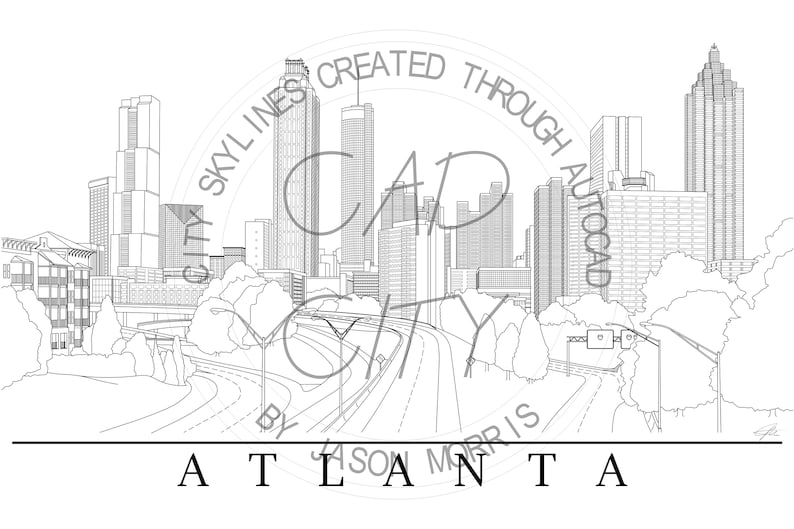 Printable Atlanta Cityscape, Atlanta Wall Art, Atlanta Line Drawing ...