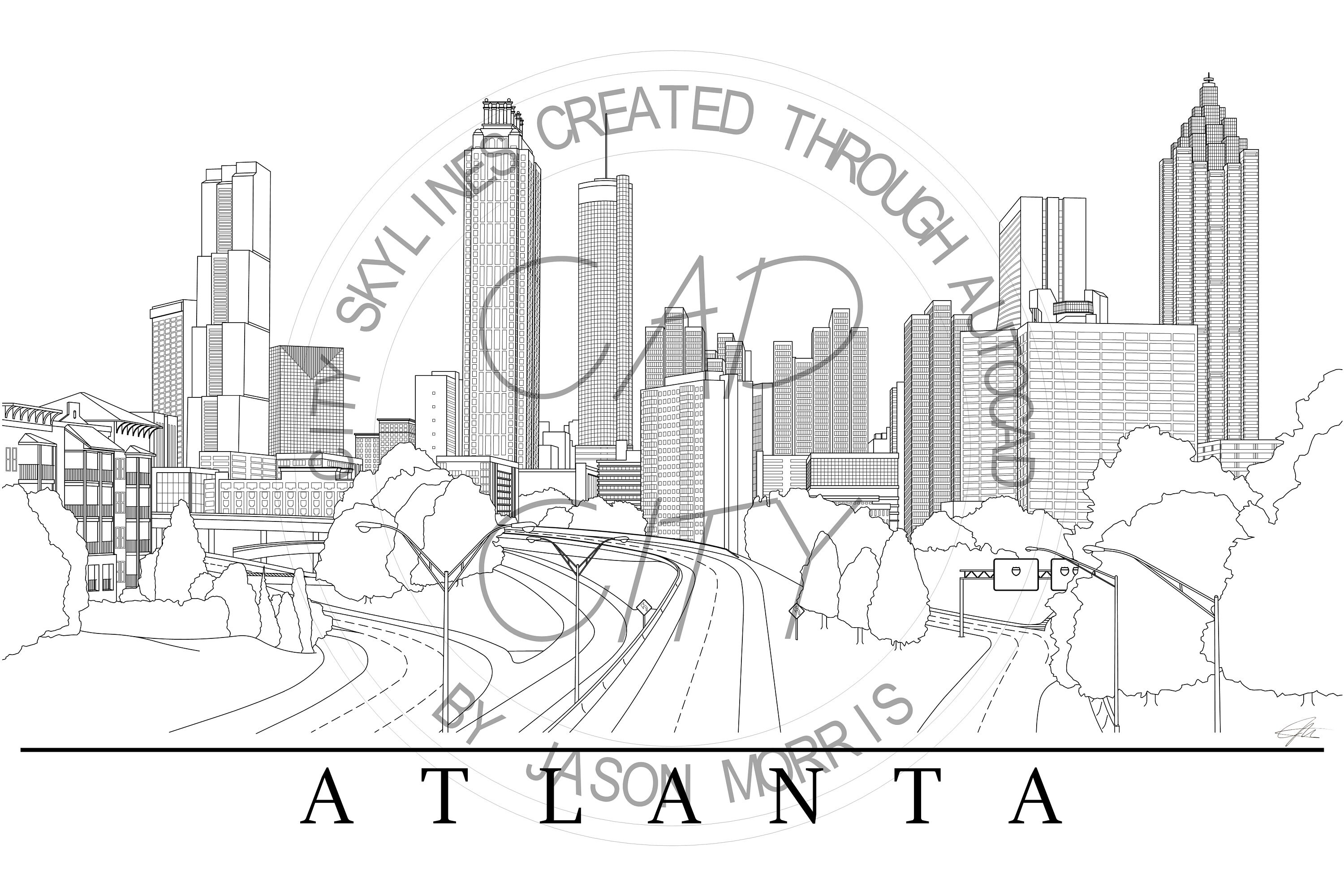 Printable Atlanta Cityscape, Atlanta Wall Art, Atlanta Line Drawing ...
