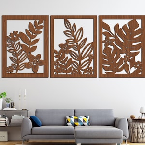 Tropical Flowers Panel Set of 3 Wood Wall Art, Exotic Floral Panel ...