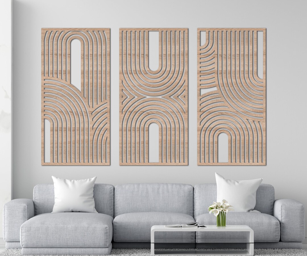 Mid Century Geometric Wood Wall Art Set of 3, Geometric Panel View ...