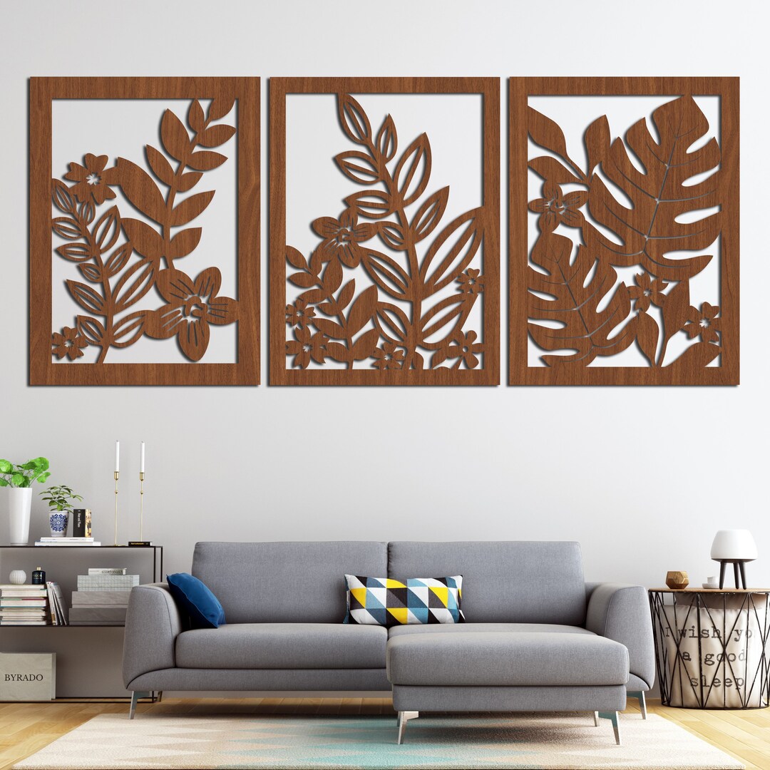 Tropical Flowers Panel Set of 3 Wood Wall Art, Exotic Floral Panel ...