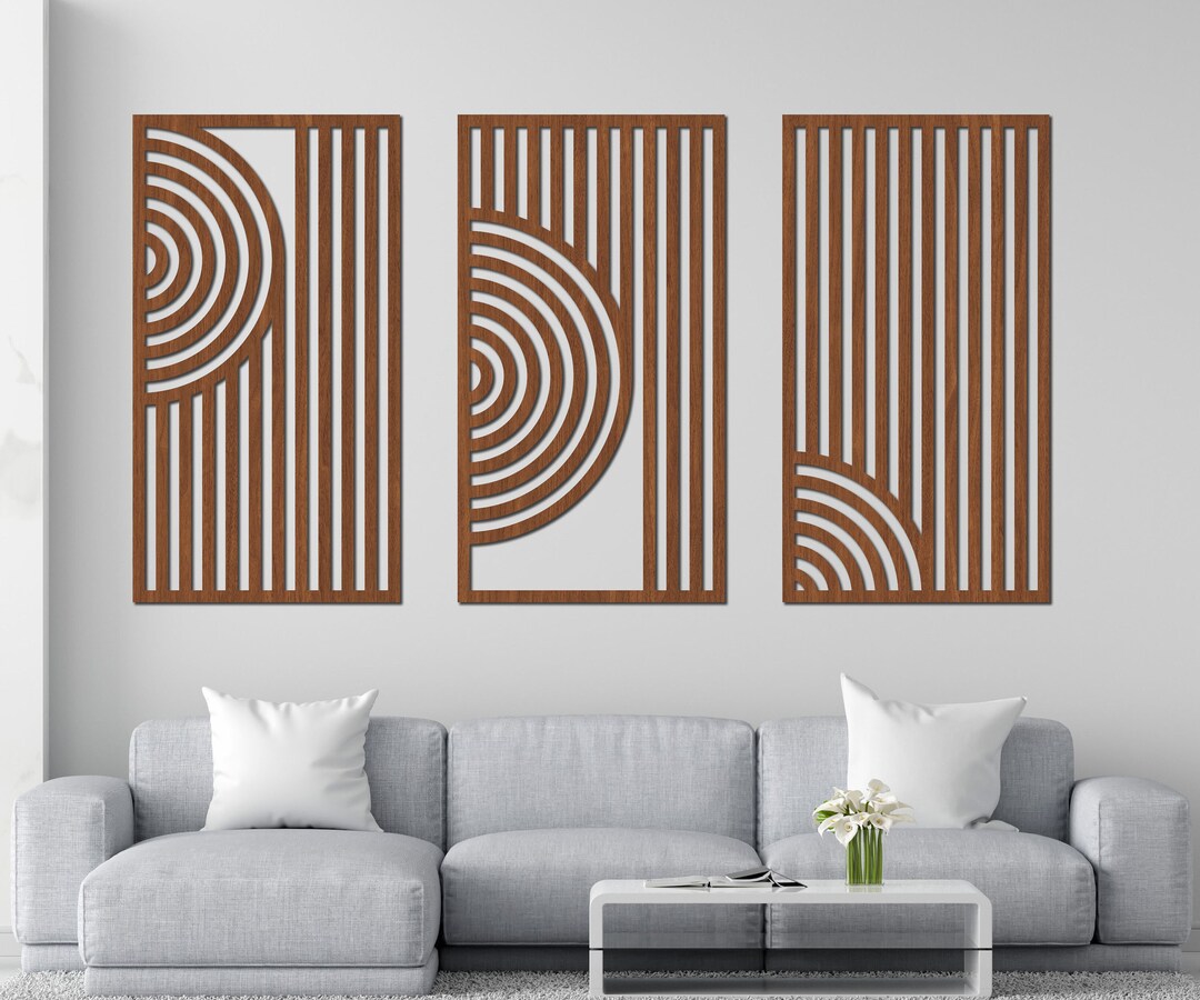 Abstract Wood Wall Art Set of 3 Geometric Panel View İndoor - Etsy