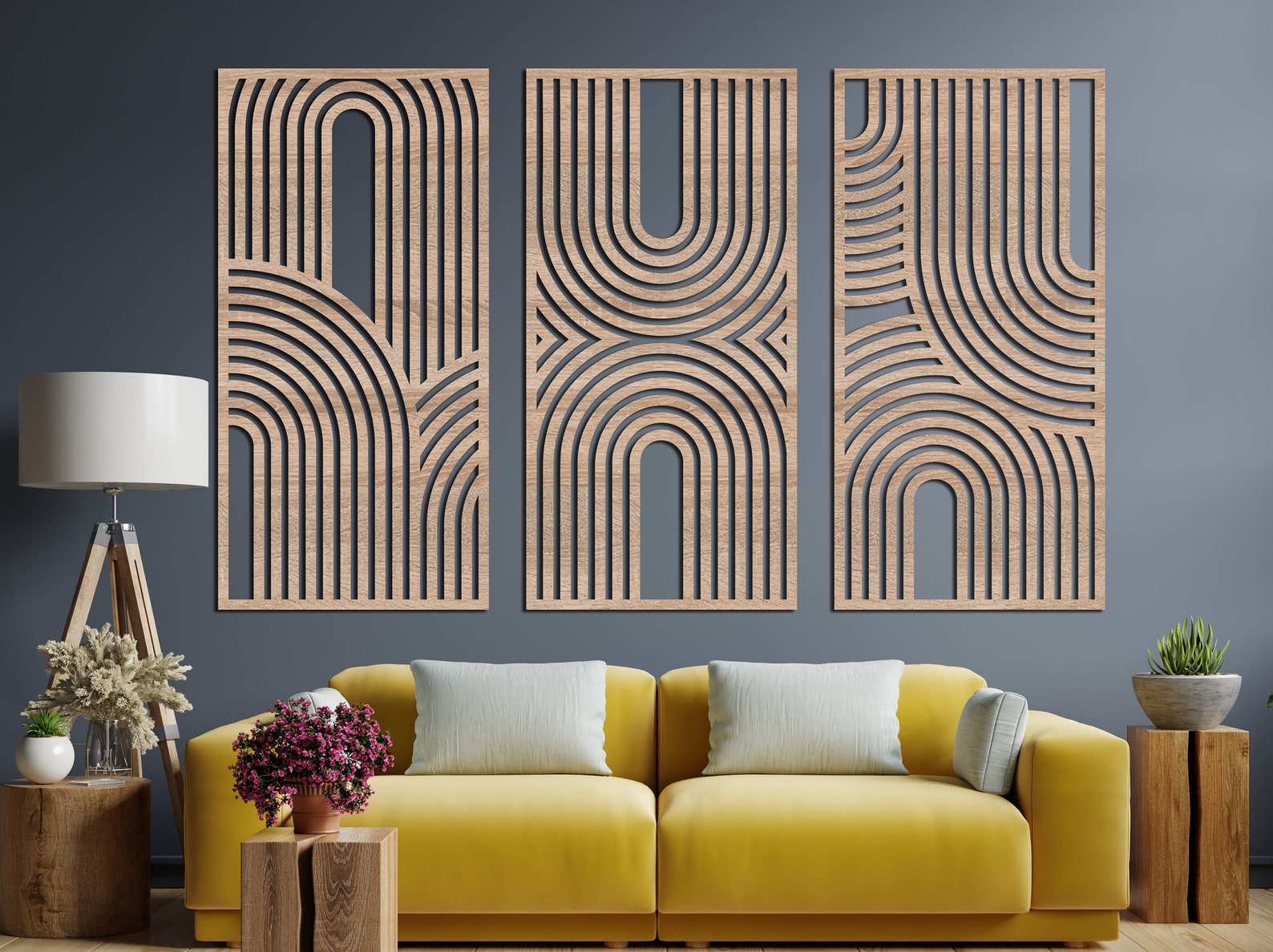 Mid Century Geometric Wood Wall Art Set of 3, Geometric Panel View ...