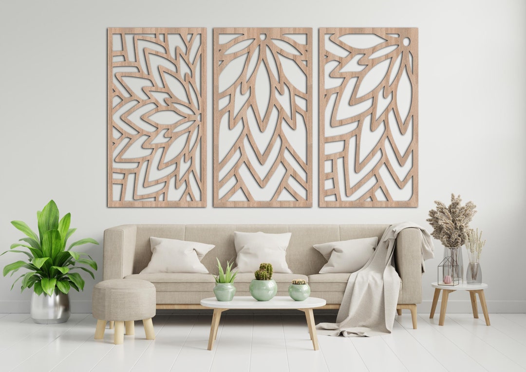 Wooden Leaves Wall Decor – Set of 3 Panels – Botanical Nature-inspired ...