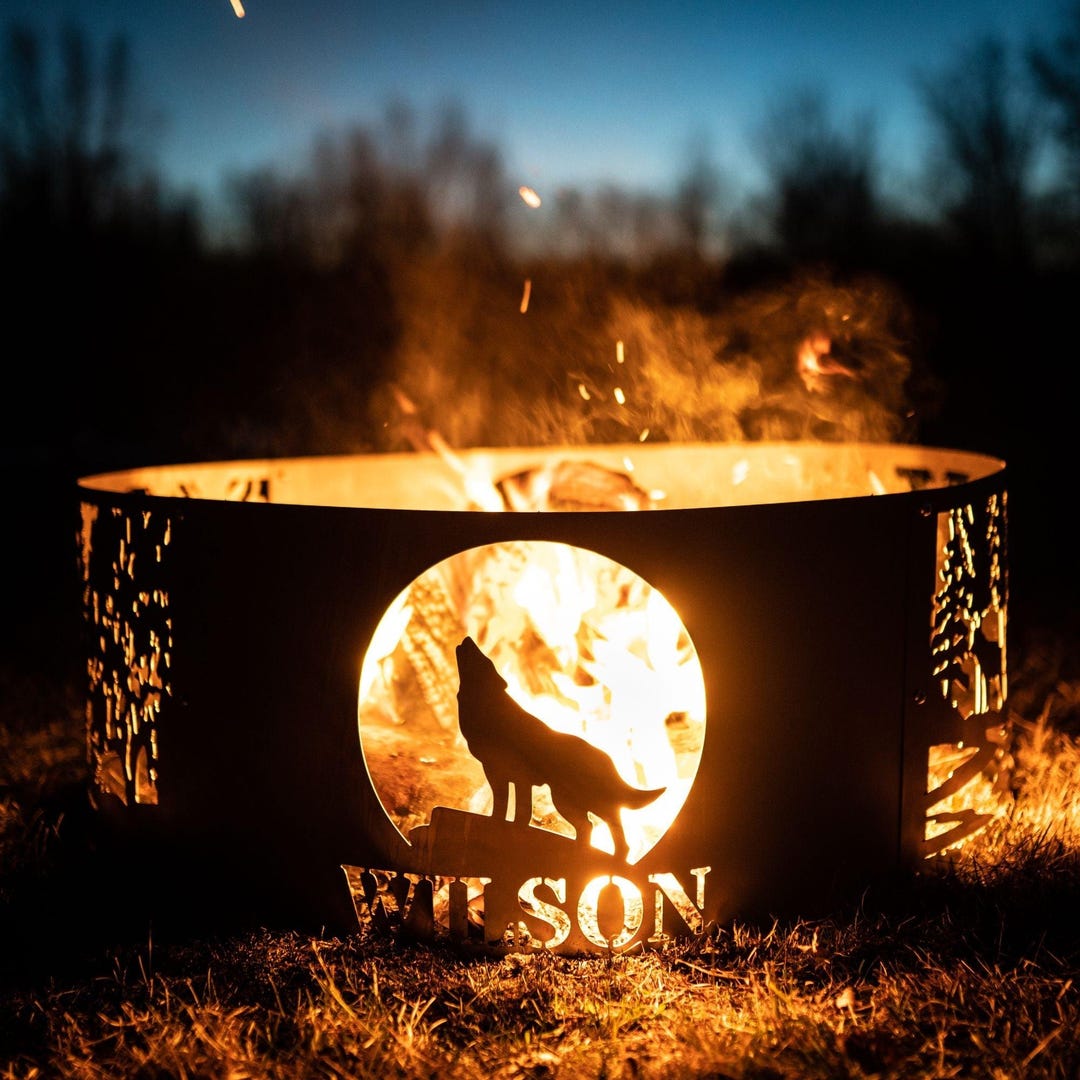 Personalized Wolves Fire Pit Ring, Custom Fire Pit Ring, Outdoor Fire ...