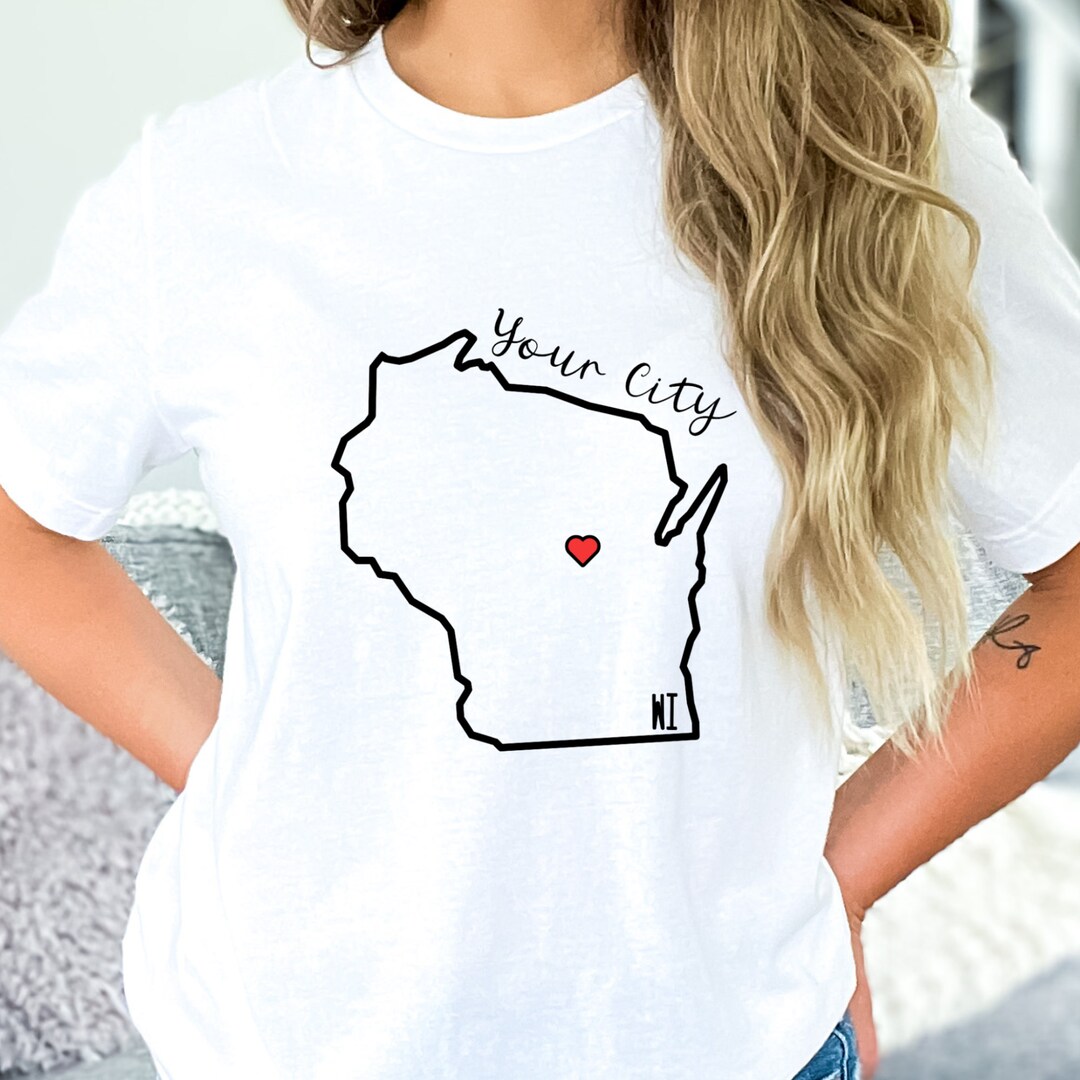 Custom Wisconsin Home Town Shirt Heart Cursive Personalized Gift Small ...