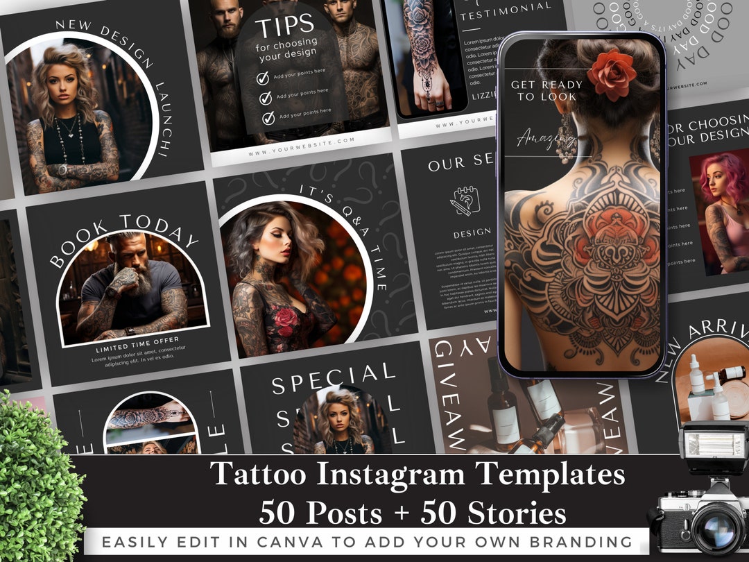 Tattoo IG Templates Set of 100 | Editable Posts and Stories Bundle for ...