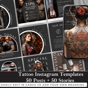 Tattoo IG Templates Set of 100 | Editable Posts and Stories Bundle for ...