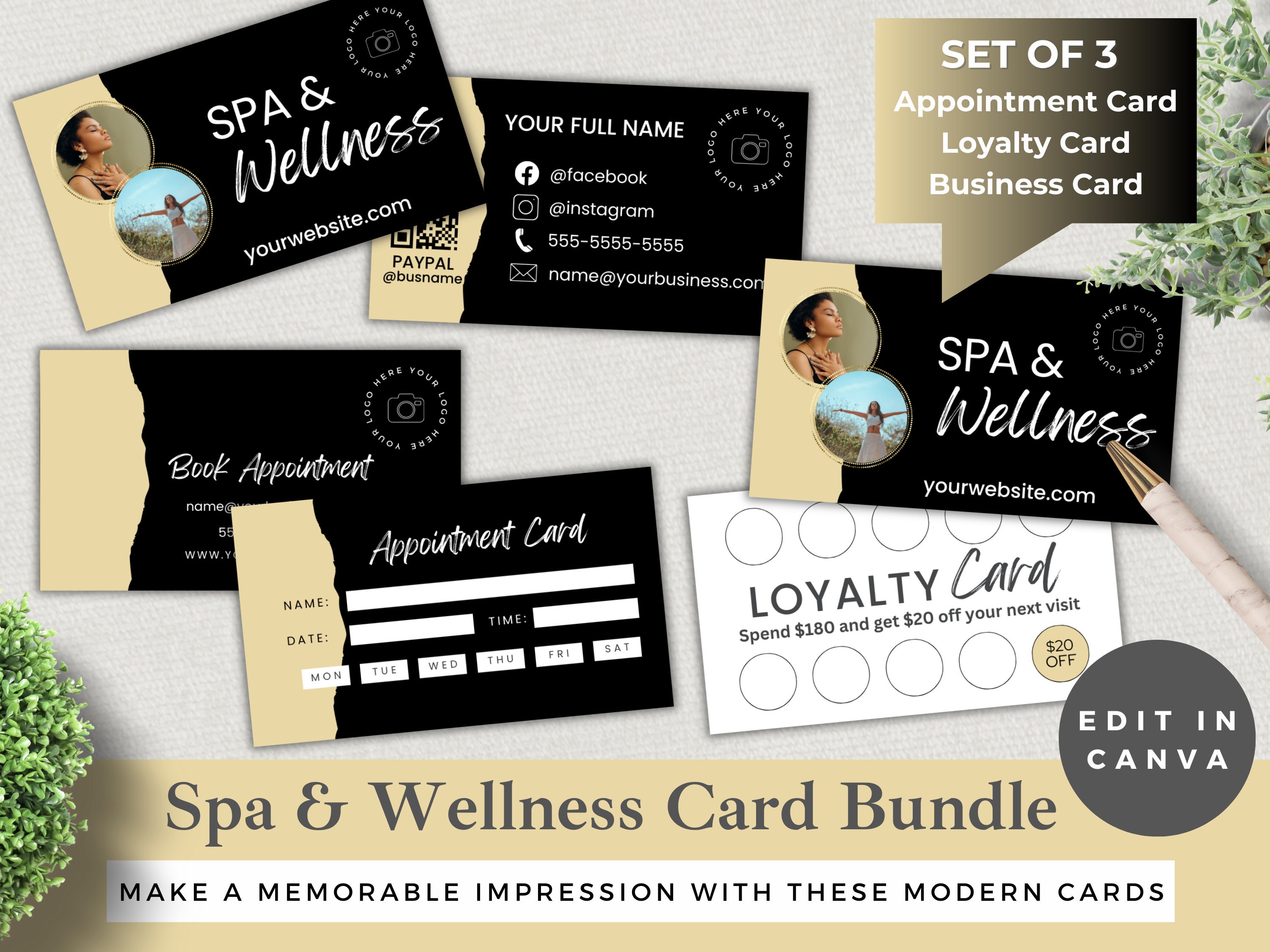 Spa and Wellness Card Template Bundle | Edit in Canva | Instant ...