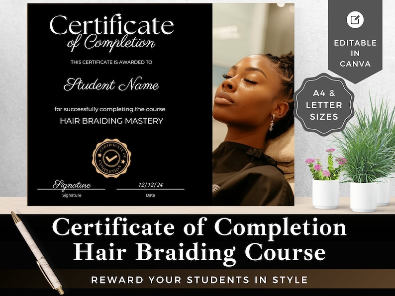 Hair Braiding Course Completion Certificate | Customizable Canva ...