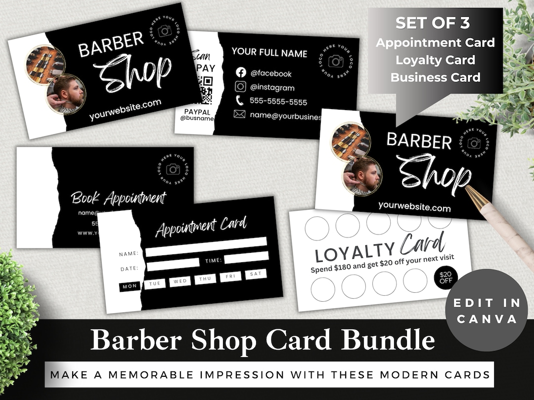 Barber Shop Card Template Bundle: Black & White Design (edit in Canva ...