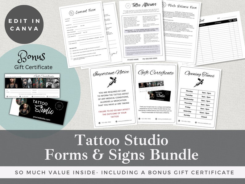 Tattoo Studio Forms & Signs Bundle: Editable Templates (canva, Instant ...