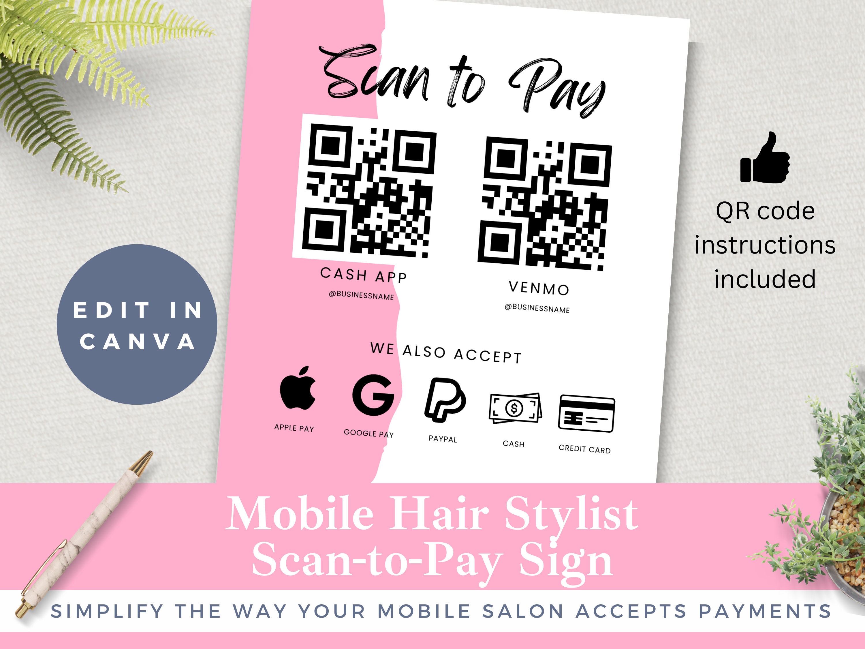 Editable Scan-to-pay Sign Mobile Hair Stylist | Edit in Canva | Instant ...