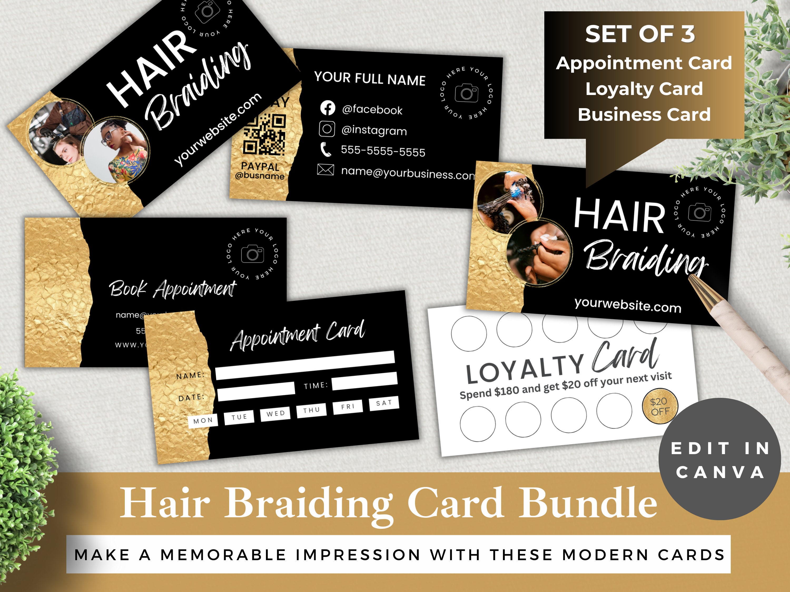 Hair Braiding Card Template Bundle | Editable in Canva | Instant ...