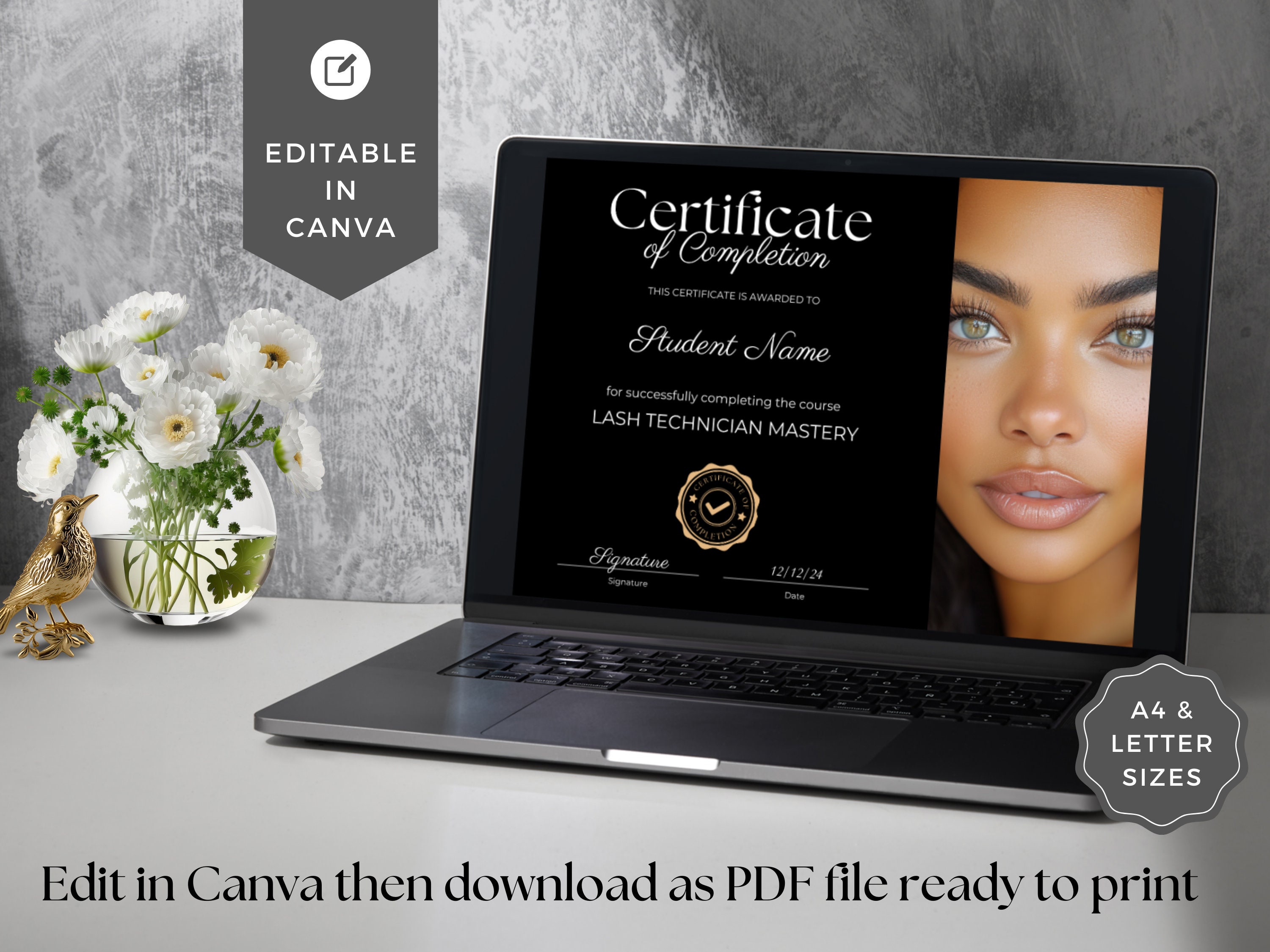 Luxury Lash Technician Certificate of Completion: Black & Gold Canva ...