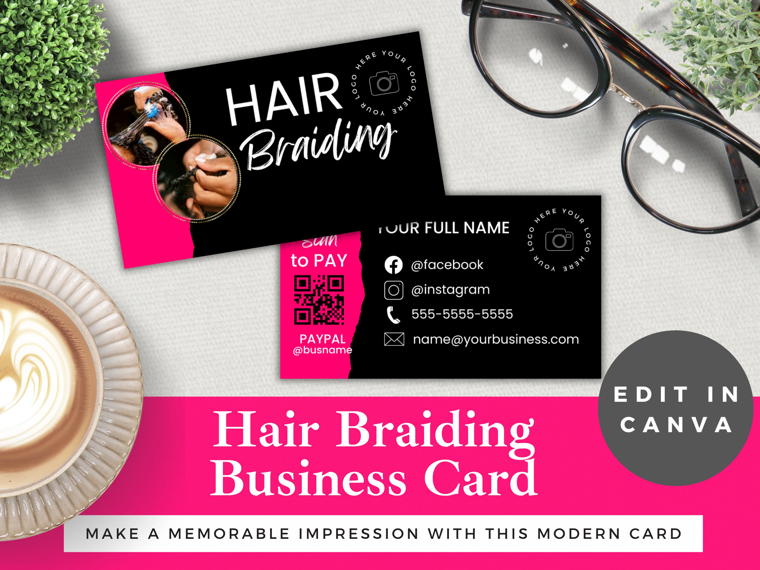Hair Braiding Business Card Template: Pink & White DIY Cards (edit in ...