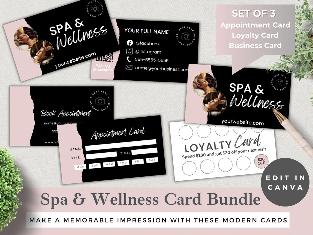 Spa Business Card Template Bundle | Pink & Black Design Edit in Canva ...