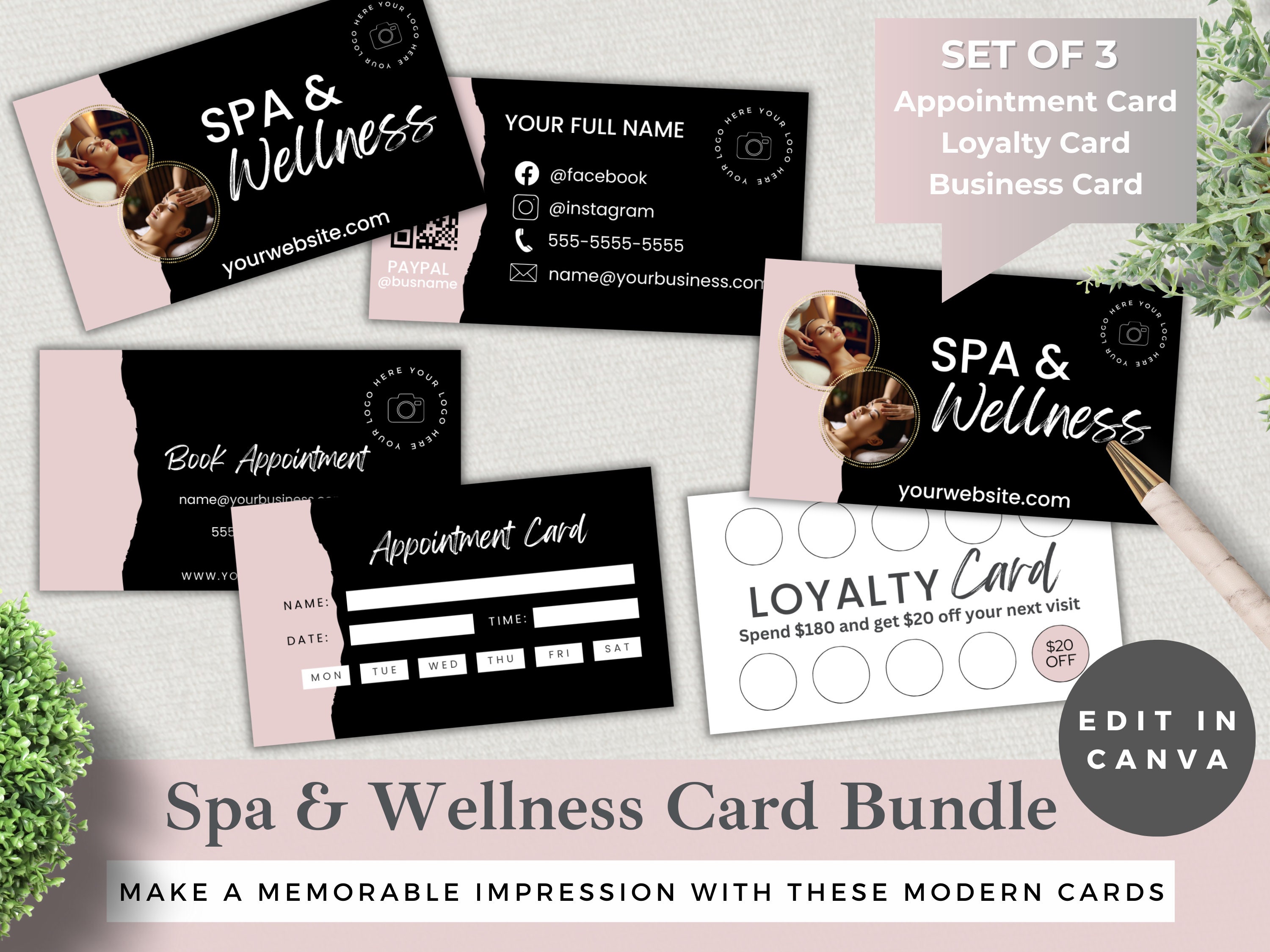 Spa and Wellness Card Template Bundle Edit in Canva Instant Download ...