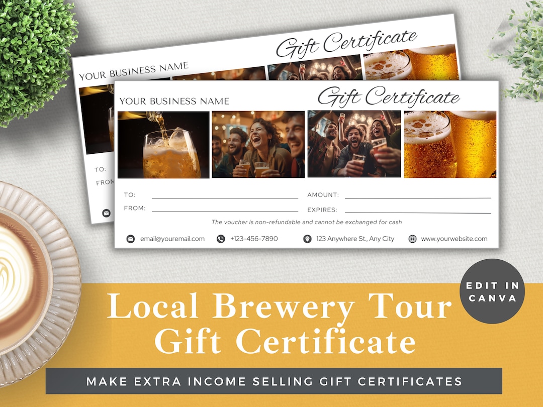 Editable Gift Certificate Local Brewery Tour | Edit Template Canva | Instant Download | Business ...