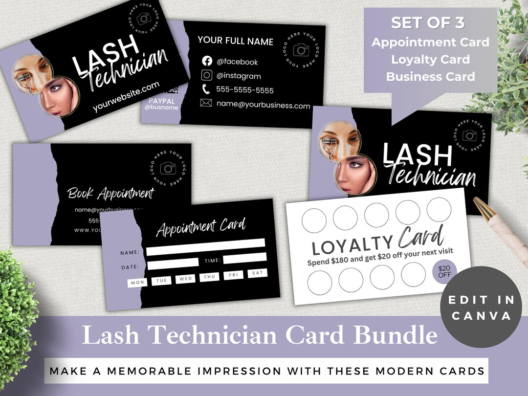 Lash Technician Card Template Bundle: Purple & Black Design (canva ...