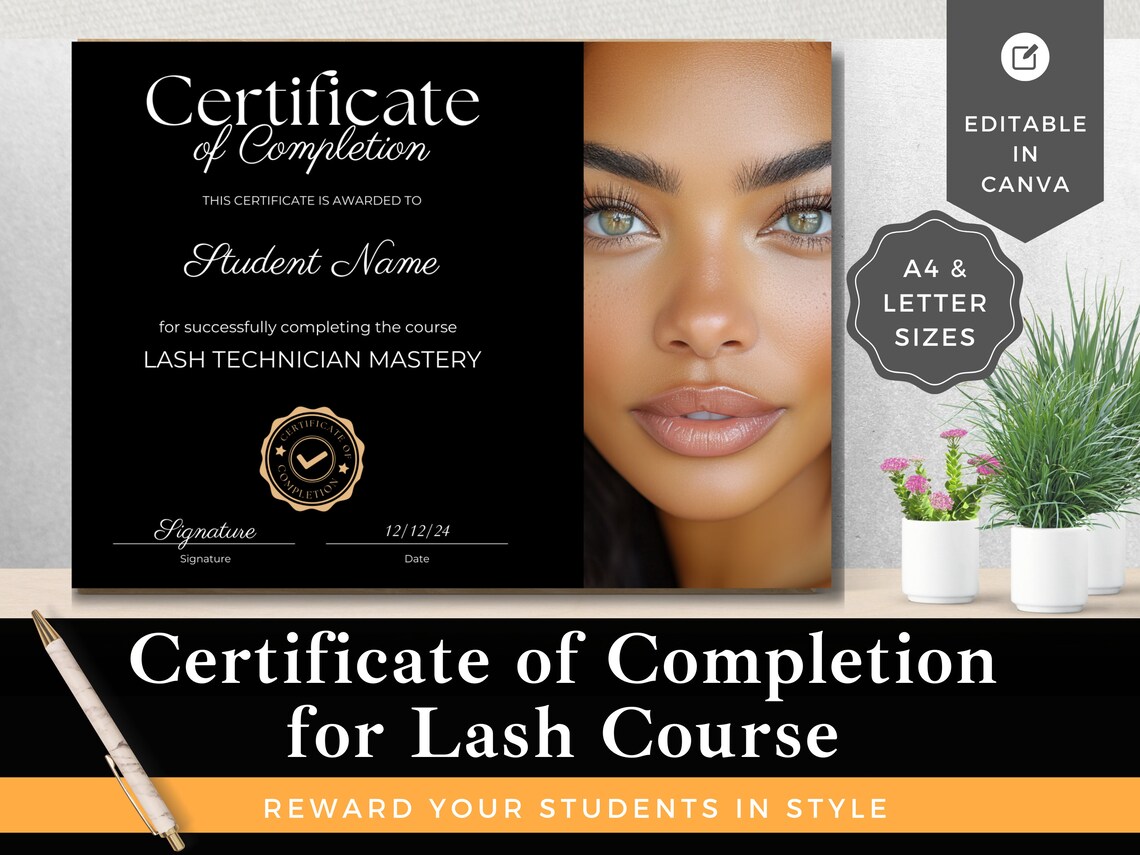 Luxury Lash Technician Certificate of Completion: Black & Gold Canva ...