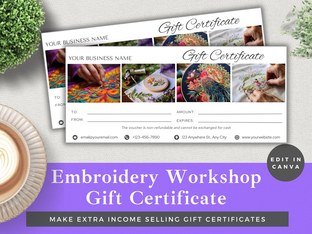 Editable Gift Certificate Embroidery Workshop | Edit Template in Canva ...