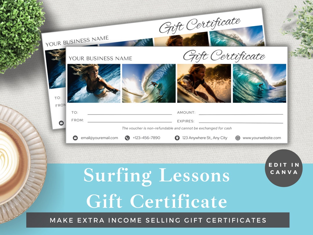 Editable Gift Certificate Surfing Lessons | Edit Template in Canva ...