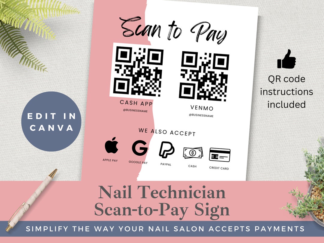 Editable Scan-to-pay Sign for Nail Technician | Edit in Canva | Instant ...