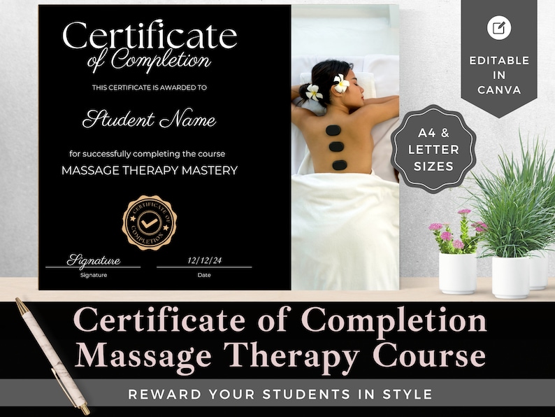 Massage Therapy Certificate Template: Editable Award (canva) - Etsy