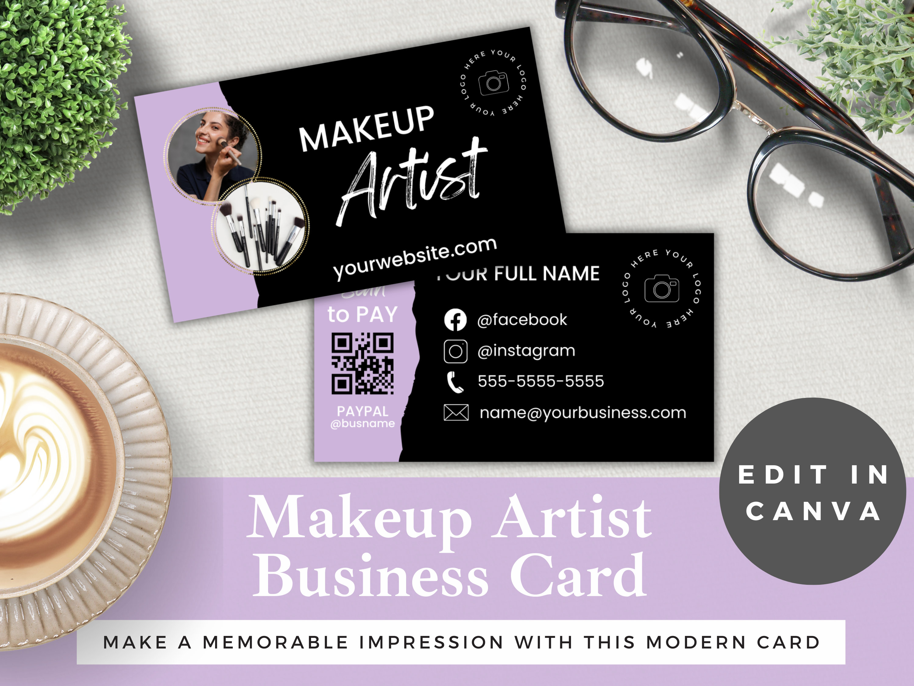 Makeup Artist Business Card Template: Purple & White Design (edit in ...